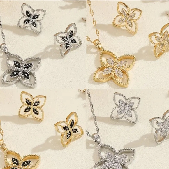 Jewelry | New Pretty Ss 4 Pointed Cz Clover Necklace In Black And ...